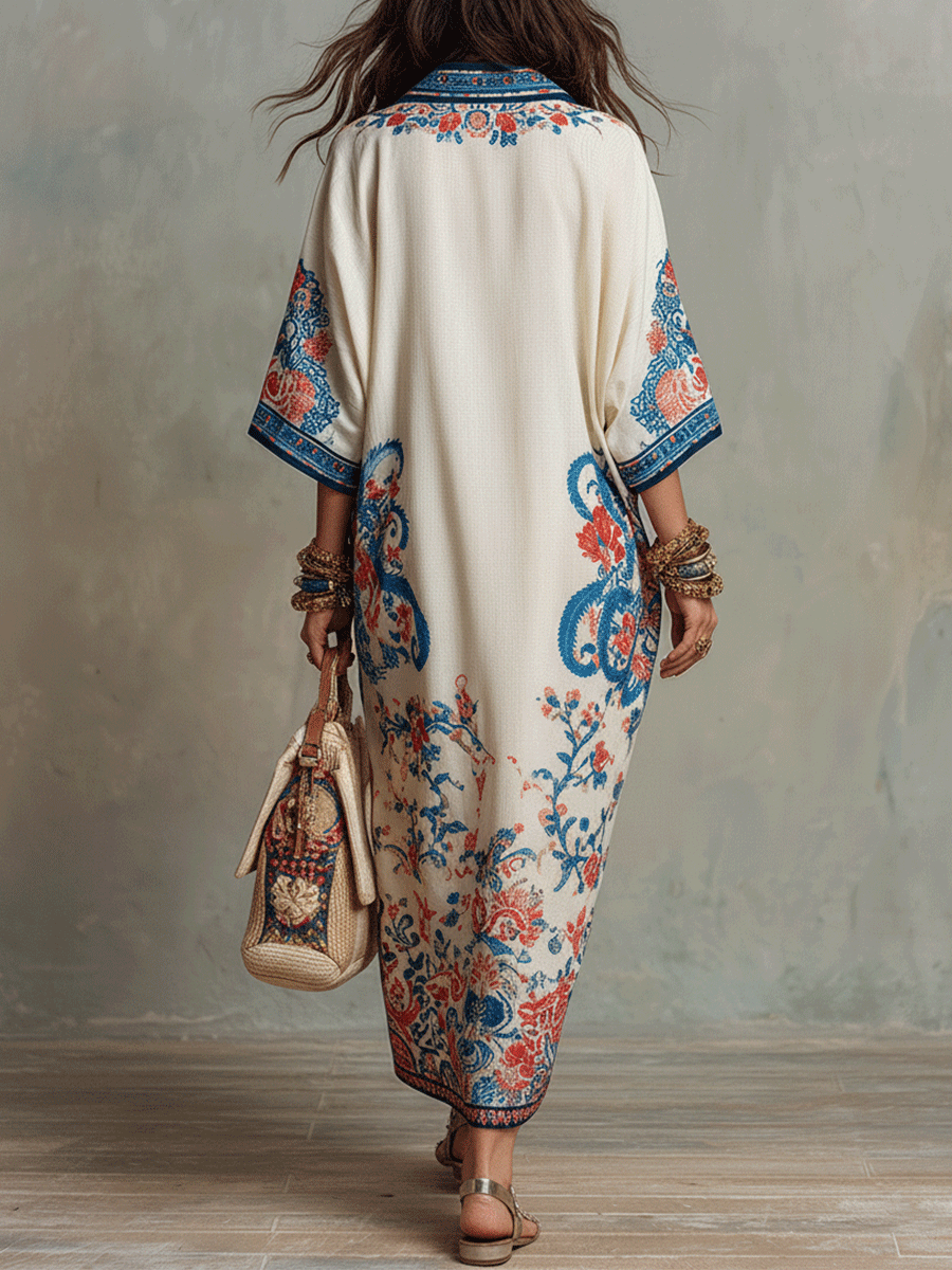 Rochie Midi Kaftan Boho Floral Paisley în Alb Albastru – Niculescu ...