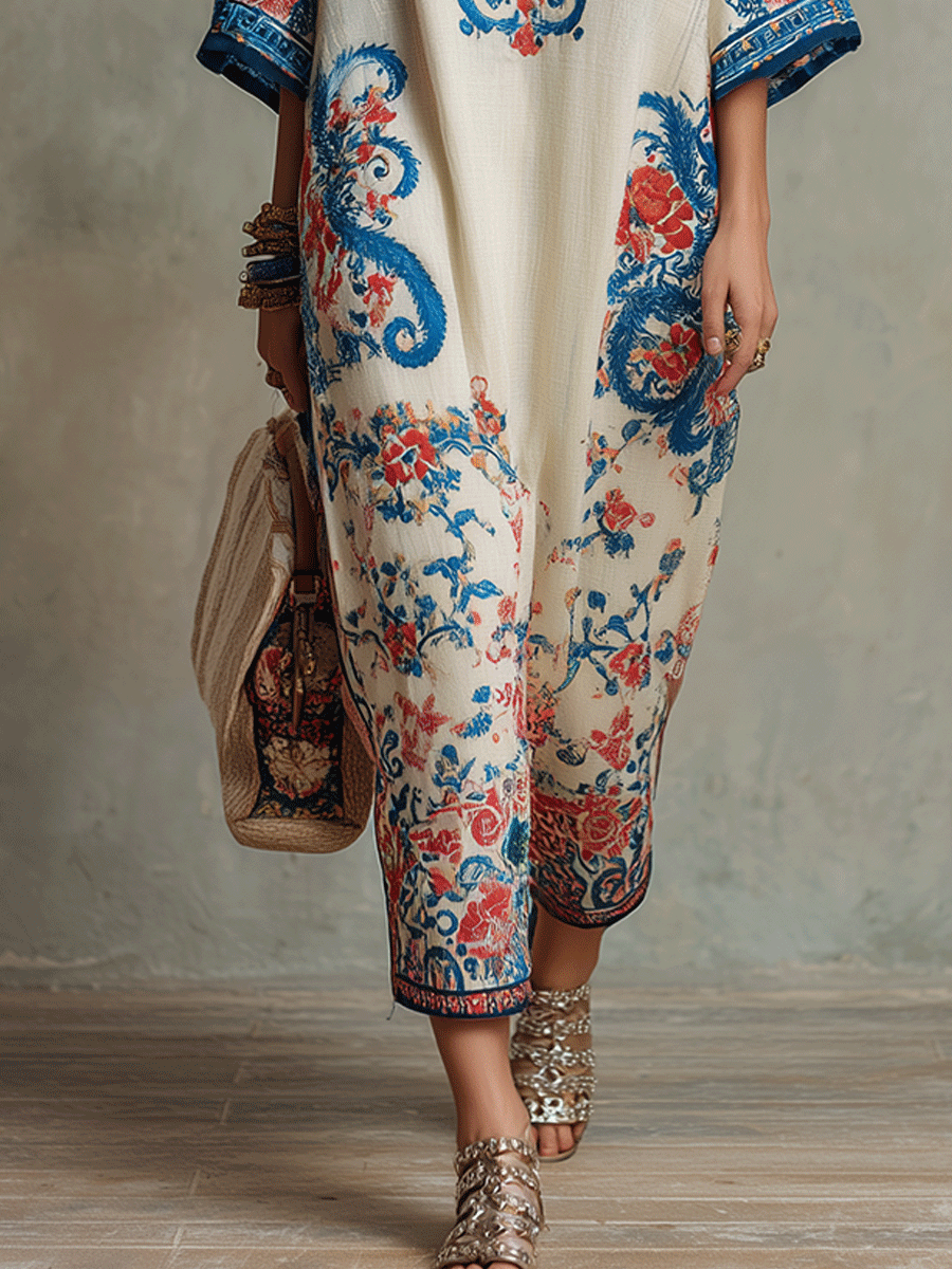 Rochie Midi Kaftan Boho Floral Paisley în Alb Albastru – Niculescu ...