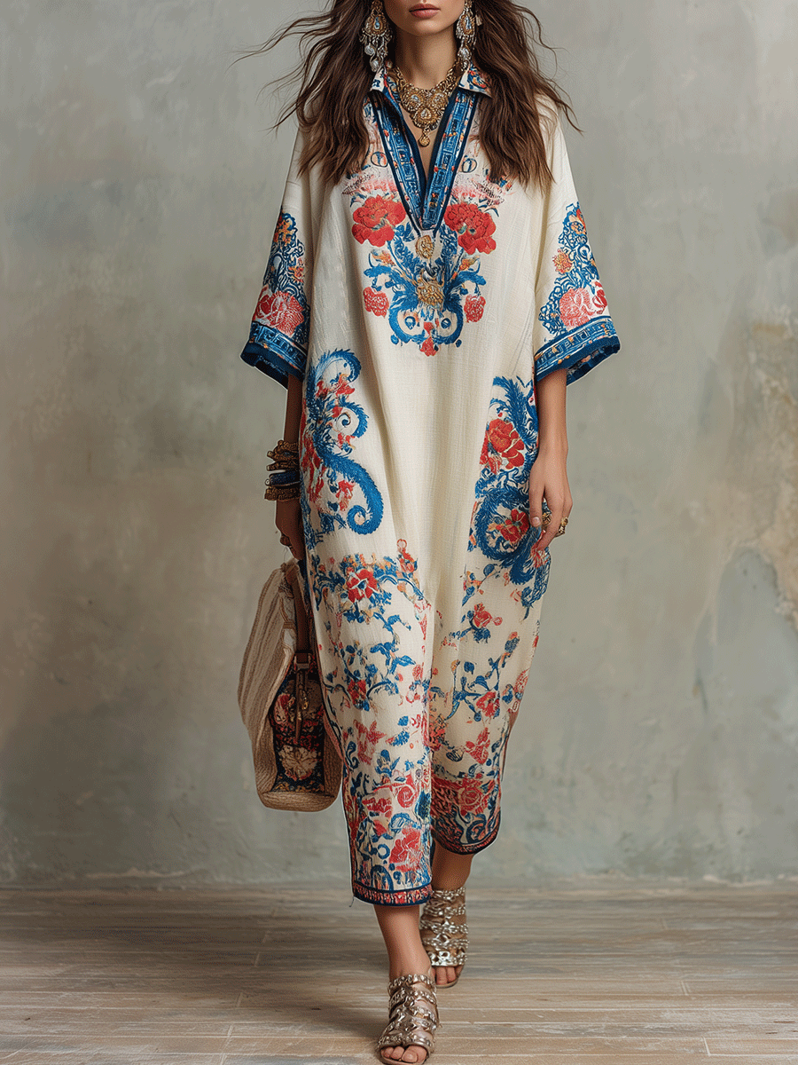 Rochie Midi Kaftan Boho Floral Paisley în Alb Albastru – Niculescu ...