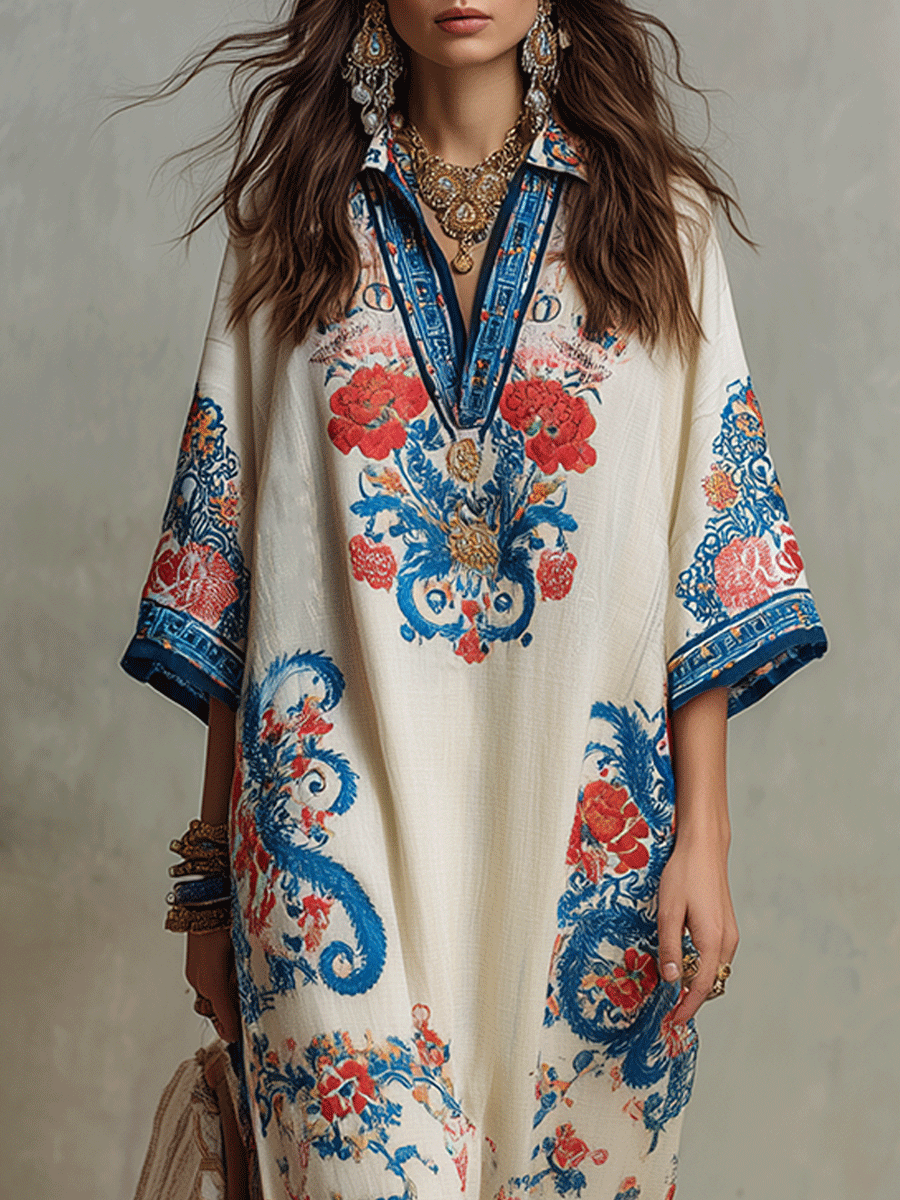 Rochie Midi Kaftan Boho Floral Paisley în Alb Albastru – Niculescu ...